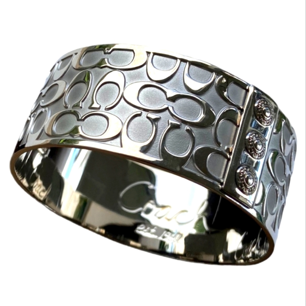 Coach Wide Silver Tone Logo Bangle Bracelet - Gem